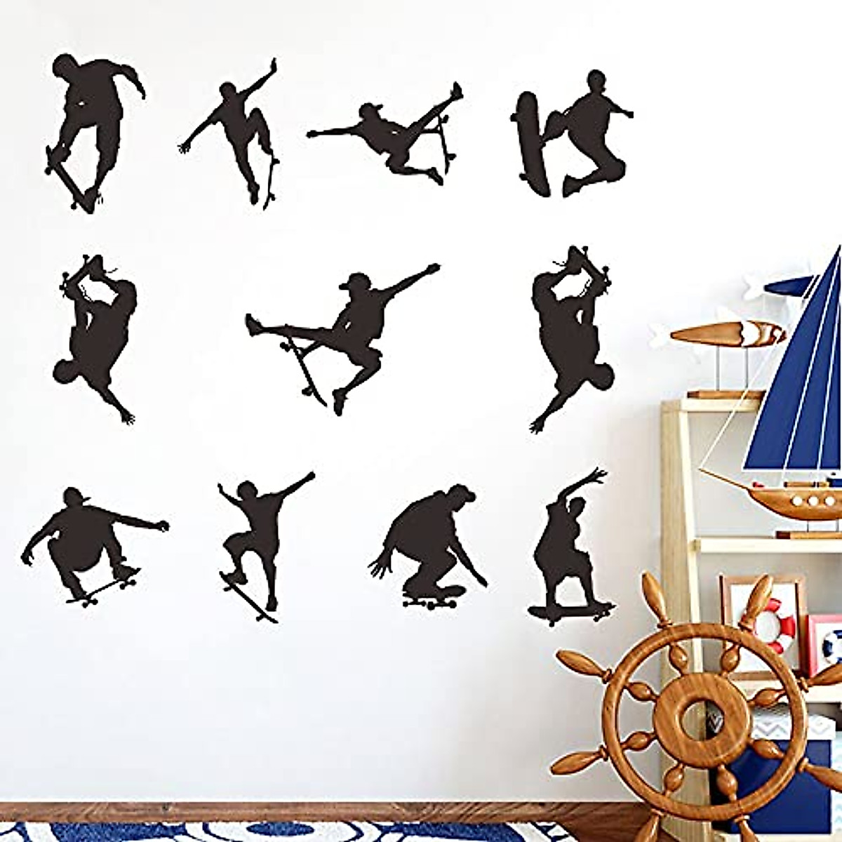 ANFRJJI Skateboard Wall Sticker - 11 Different Skaters Silhouettes in Extreme Actions - Removable PVC Vinyl Decals for Sports Youth Room and Bedroom - Skating Wall Art Mural JWH131 (Black)