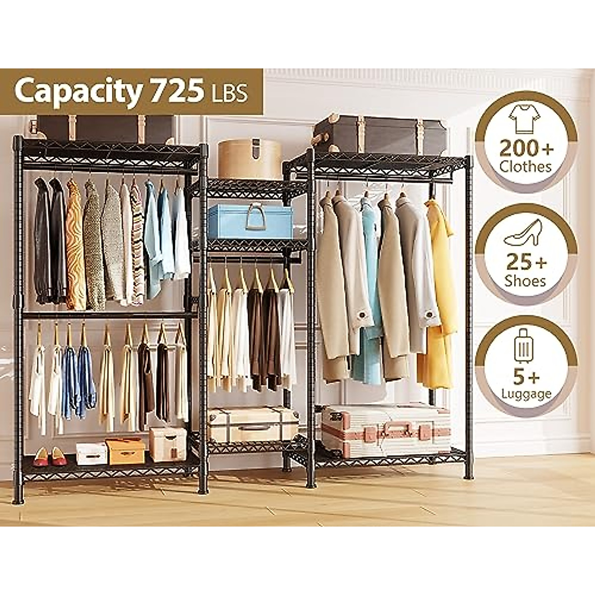 Raybee 77" H Clothes Rack Heavy Duty Clothing Racks for Hanging Clothes 720LBS Adjustable Clothing Rack Portable Closet Racks for Hanging Clothes Wire Garment Rack Black 13.9" D x 70.6" W x 77" H