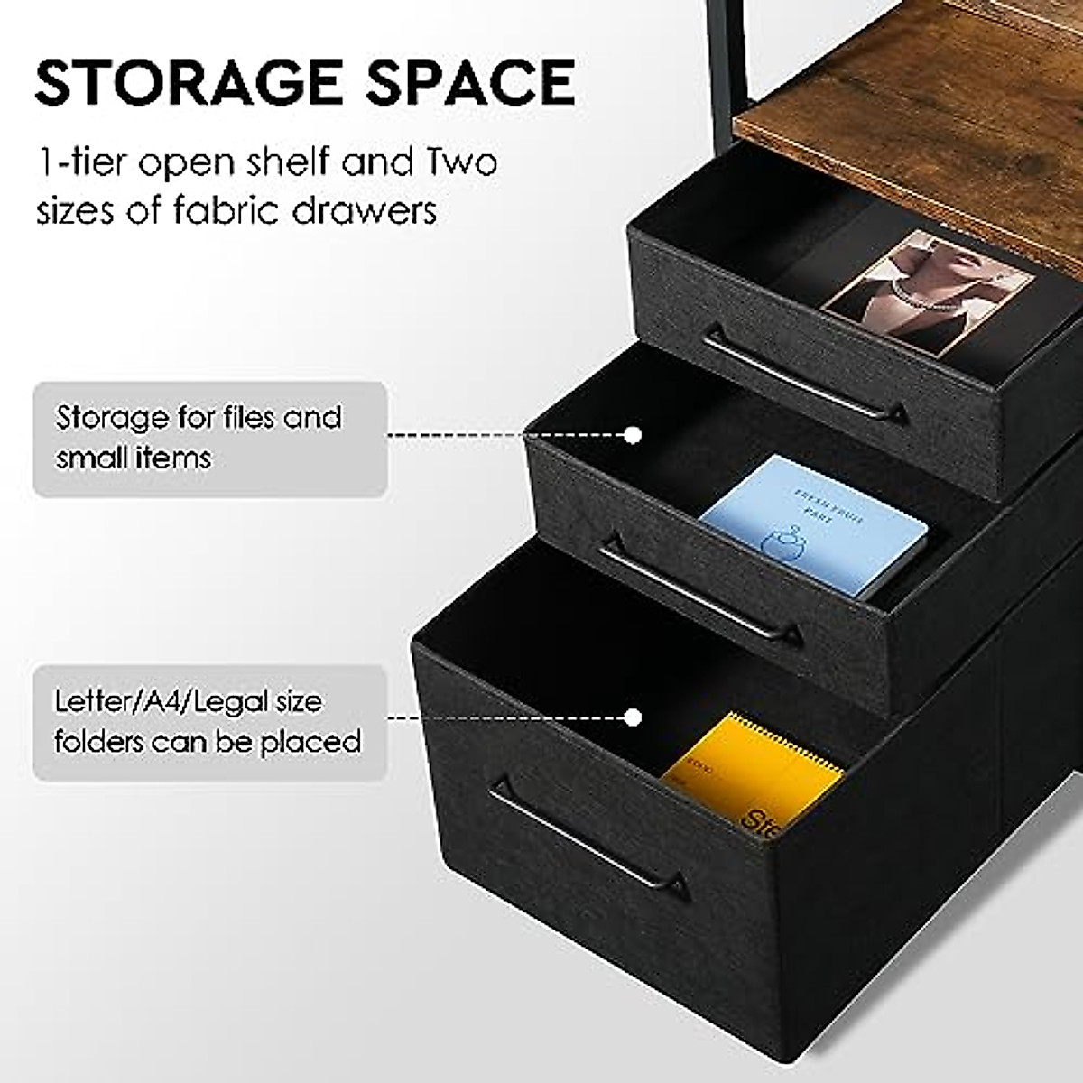 Maihail Computer Desk with Drawers, 47" Desk with 2 Drawers and Shelves, Office Desk with Storage, Desk with Storage Bag, Industrial Desk for Home Office with Metal Frame for PC Laptop, Rustic Brown