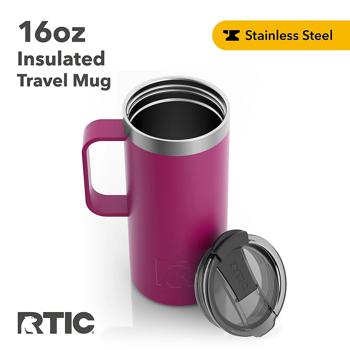 RTIC 16 oz Coffee Travel Mug with Lid and Handle, Stainless Steel Vacuum-Insulated Mugs, Leak, Spill Proof, Hot Beverage and Cold, Portable Thermal Tumbler Cup for Car, Camping, Very Berry