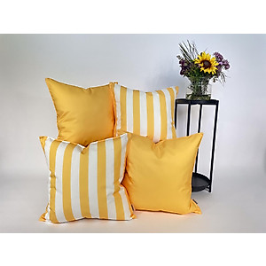 Ensperta Pack of 2 Solid and Stripe 20''x20'' Outdoor Waterproof Yellow Throw Pillow Covers Decorative Square Cushion Patio Pillows for Patio Furniture (Samoan Sun)