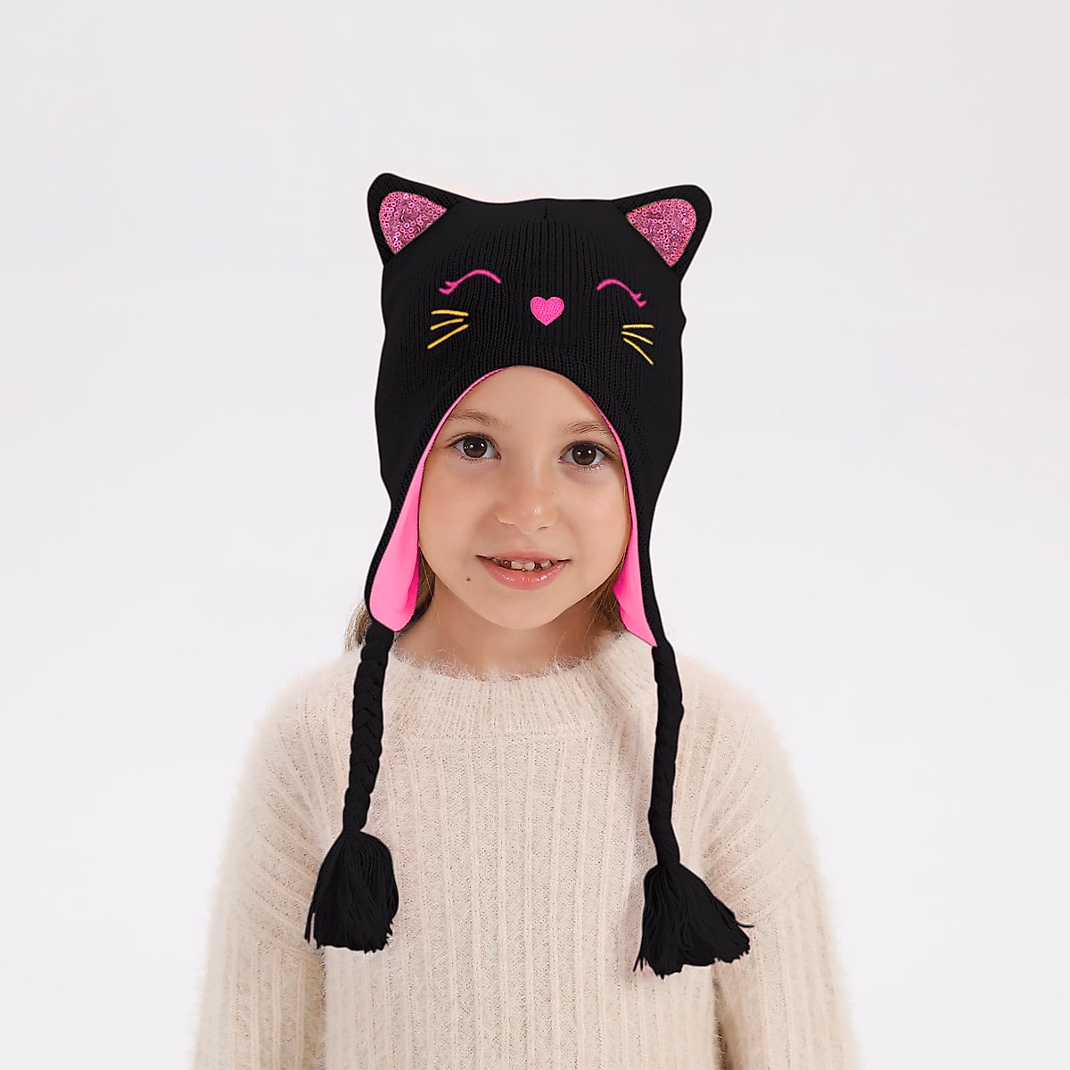 Girl Knit Cat Ear Beanie Hat and Glove Set Kids Winter Earflap with Braided Ski Skull Cap Mitten Set Age 3-7