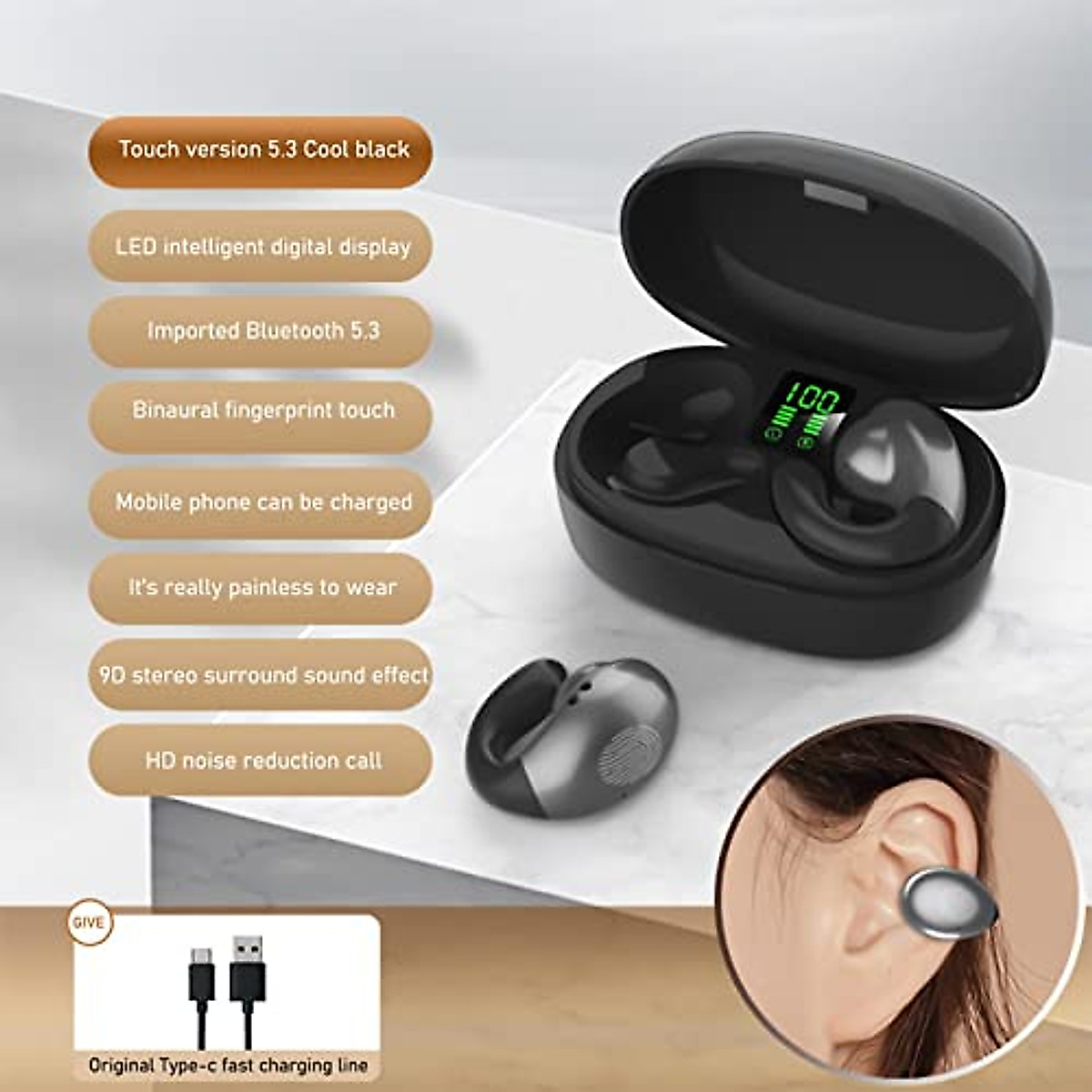 Nsxcdh Bluetooth 5.3 Mini Earbuds, Wireless TWS-Headphones with LED Digital Display & Touch-Control, Immersive Premium Sound Open Ear Headset, for Sports & Game(Black)