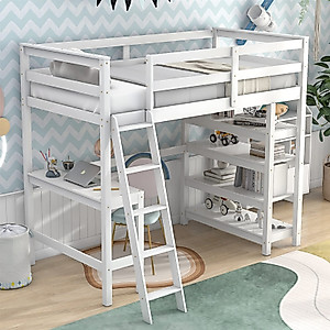 Bellemave Twin Loft Bed with Desk & Shelves for Teens Adults, Wood High Loft Bed Frame with Bookcase & Angle Ladder for Kids Boys Girls, Full-Length Guardrail, Twin Size, White