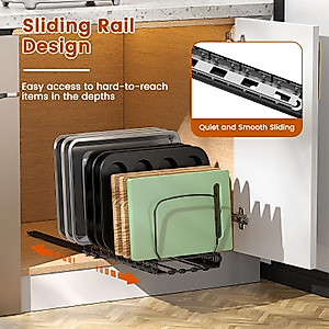 Housolution 1 Pack Pull Out Baking Tray and Cookie Sheet Organizer, Slide Out Cutting Board Organizer Rack with 10 Adjustable Dividers, Sliding Bakeware Muffin Tin Storage Organizer for Cabinet