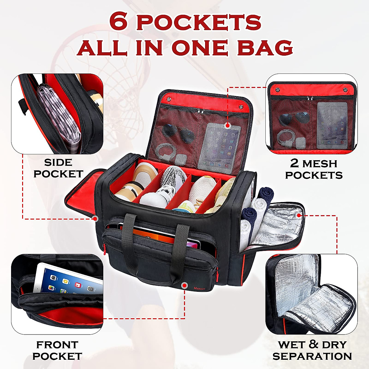 Mancro Padded Sneaker Bag, Sneaker Travel Bags fit 4 Pairs, Waterproof Sneaker Duffle Bags with Insulated Pocket, Sports Gym Bag for Basketball, Shoes, Cloth, Outdoor Sports Bag, Sneakerhead Gifts