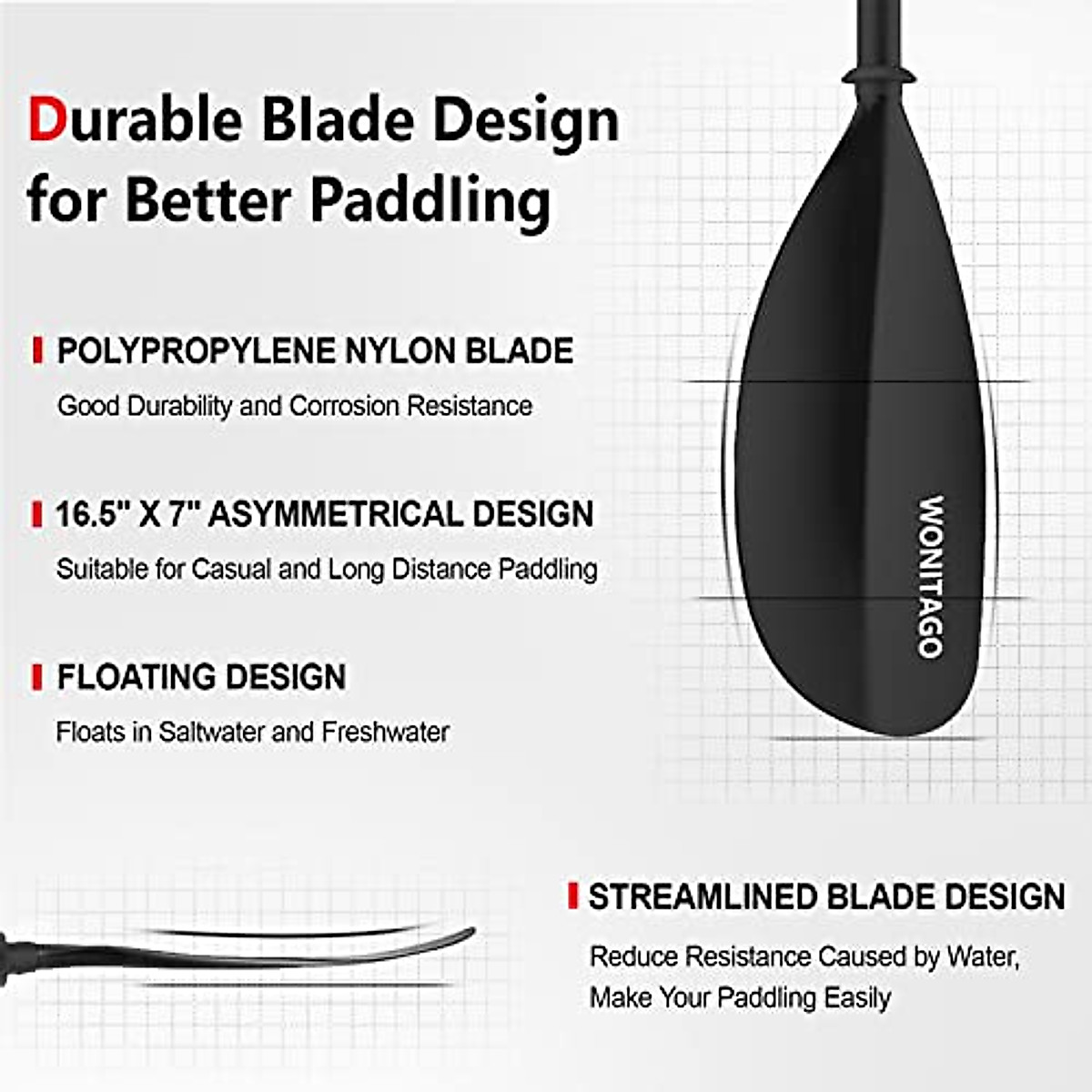 WONITAGO Kayak Paddle Premium Fiberglass Shafts with Reinforced Nylon Blades, Floating Oars for Kayaks, Adjustable 215-225 cm/85-90 Inches, White