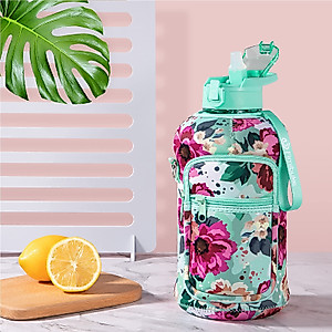 Fimibuke Half Gallon Water Bottle with Sleeve 64 OZ Water Bottle with Handle & Straw Leakproof Motivational Sports Gym Water Bottle with Time Marker Water Jug with Neoprene Holder - Floral Bloom