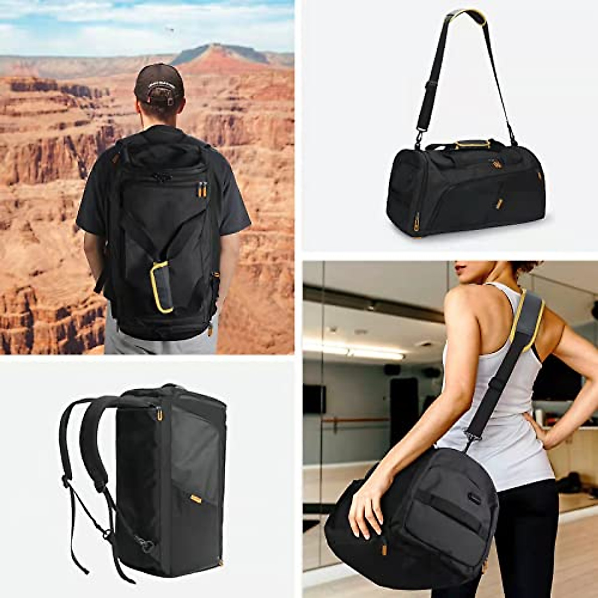 Gym Duffle Bag for Men Women, Travel Duffel Bag Backpack with Shoe Compartment & Wet Pocket, 50L Waterproof Sports Overnight Weekender Bag with USB Port, Black