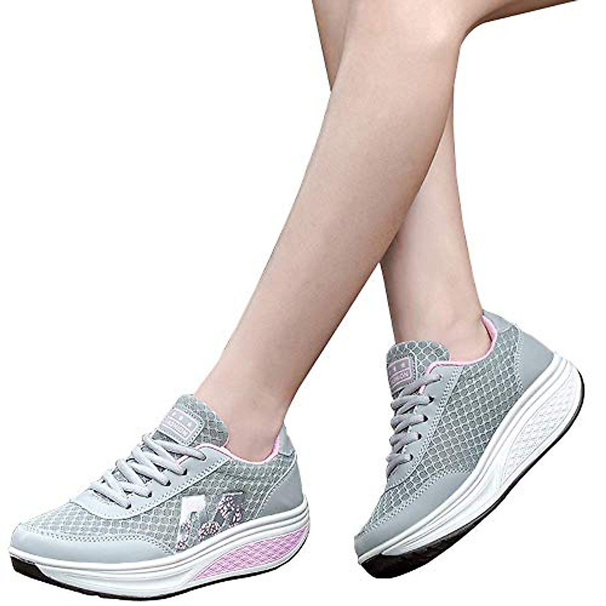 CN-Porter Ladies Soft Rocker Shoes Womens Mesh Sports Tennis Shoes Lace Up Wedges Platform Shoes Lightweight Fitness Walking Shoes Grey, 7