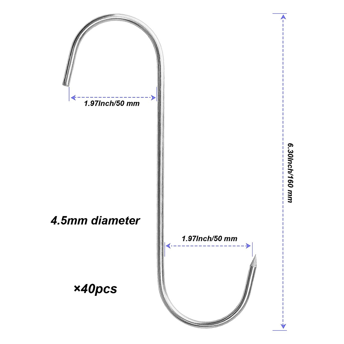 MAHIONG 40 PCS 6.3 Inch Meat Hooks, Stainless Steel S-Shaped Butcher Hook Smoking Hook Meat Processing for Hanging, Drying, BBQ, Chicken, Ribs