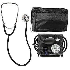 MABIS Blood Pressure Cuff and Dual Head Stethoscope Kit, Combination Home Sphygmomanometer with Calibrated Nylon Cuff, Professional Quality, Carrying Case, Black