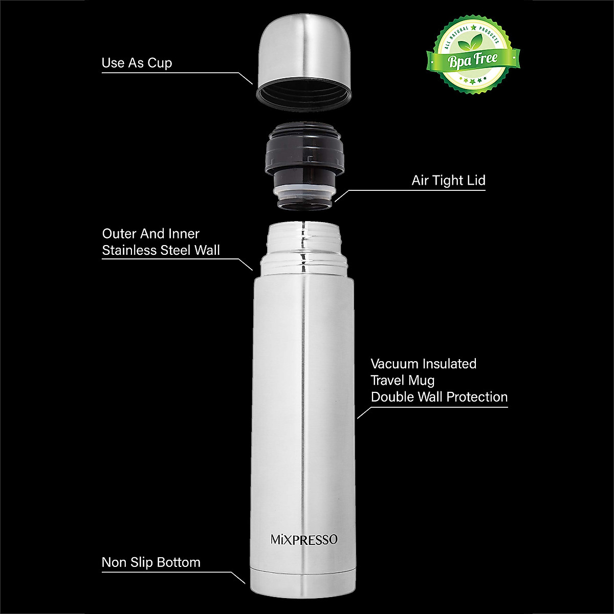 Mixpresso Coffee Flask +Coffee Mug, Stainless Steel Coffee vacuum flask For Hot Coffee or Cold Tea Fits Car Caddy or Backpack, Leak Proof Travel Mug, 17 Ounce Coffee Thermos