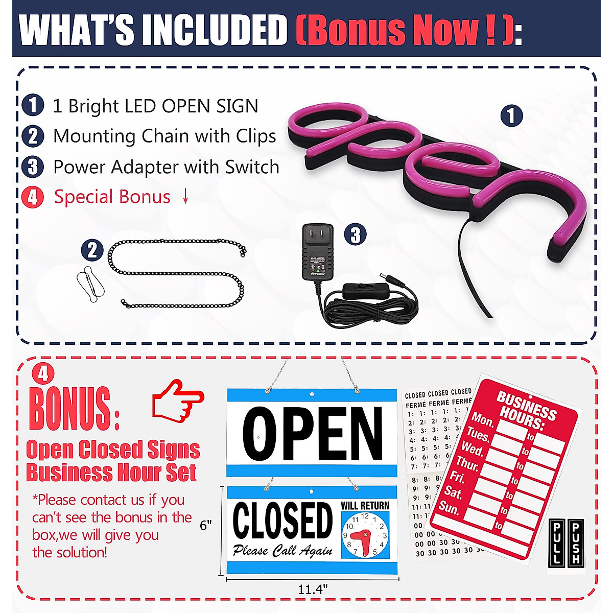 Open Signs for Business,LED Neon Open Sign,16x6 inch Lighted Sign for Restaurants Offices Retail Shops Window Storefronts,12V/1A Power Supply,with ON/OFF Switch (Horizontal Rose Red)