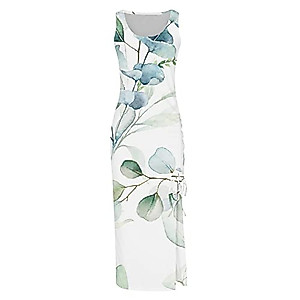 Leisure Dresses for Women 2023 V-Neck Cocktail Dresses Loose Fitted Sleeveless Floral Printing Elegant Pocket Long Dress,A5*White,Medium
