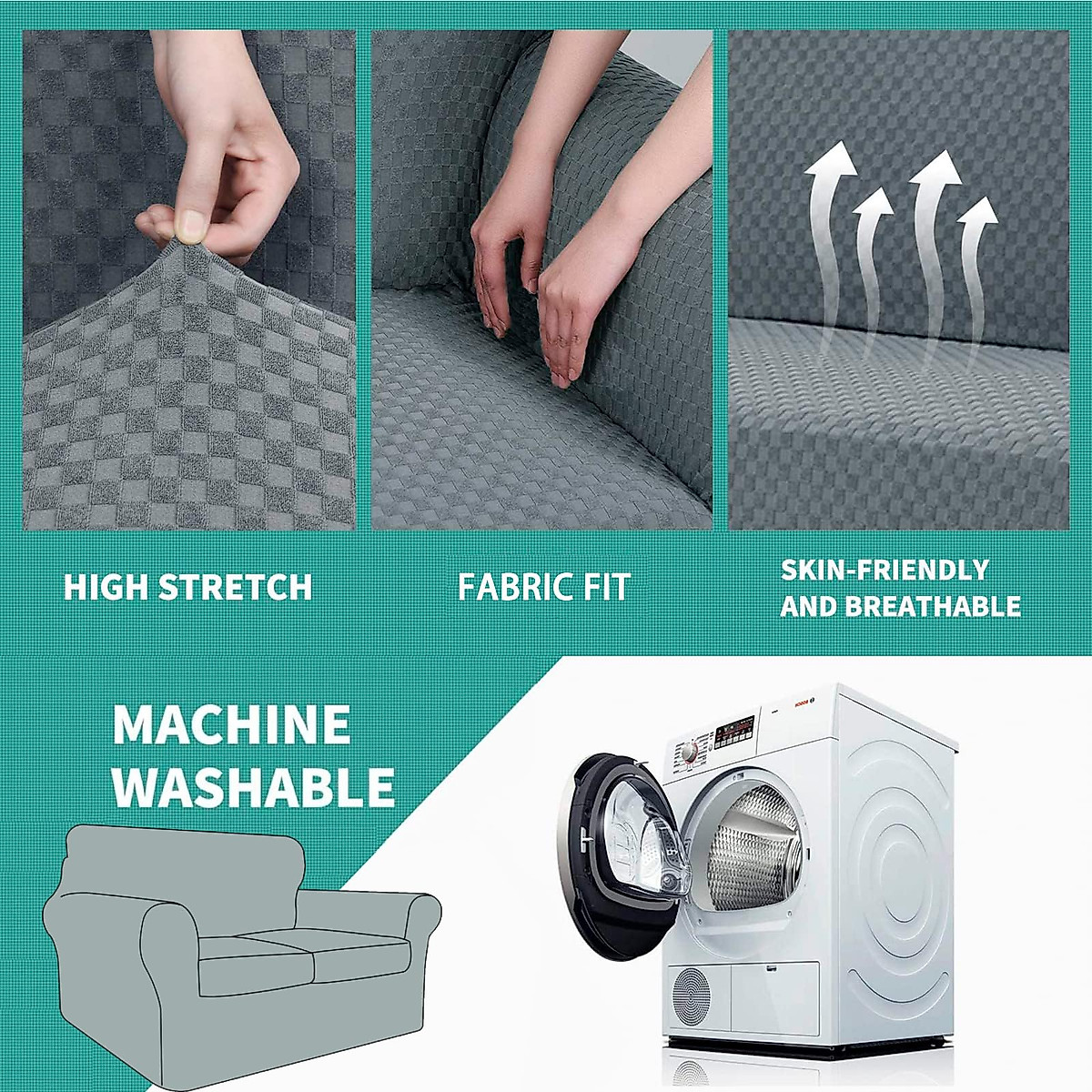 YEMYHOM Latest Checkered 3 Pieces Couch Covers for 2 Cushion Couch High Stretch Thickened Love Seat Sofa Cover for Dogs Pets Elastic Loveseat Slipcover Protector (Light Gray), 55"-69"(2 Cushions)