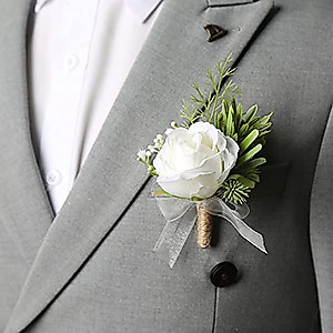 WEISPARK Ivory Rose Wrist Corsage and Boutonniere Set, Wristlet Band Bracelet and Men Boutonniere for White Wedding Flowers Accessories Prom Suit Decorations (A)