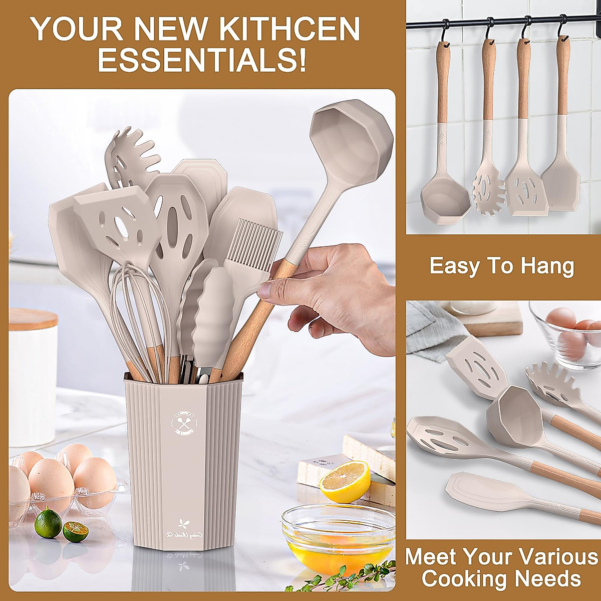 Kitchen Utensils Set- 13 Pcs Cooking Utensils with Tongs, Spoon Spatula &Turner Made of Heat Resistant Food Grade Silicone and Wooden Handles Kitchen Gadgets Tools Set for Nonstick Cookware (Khaki)