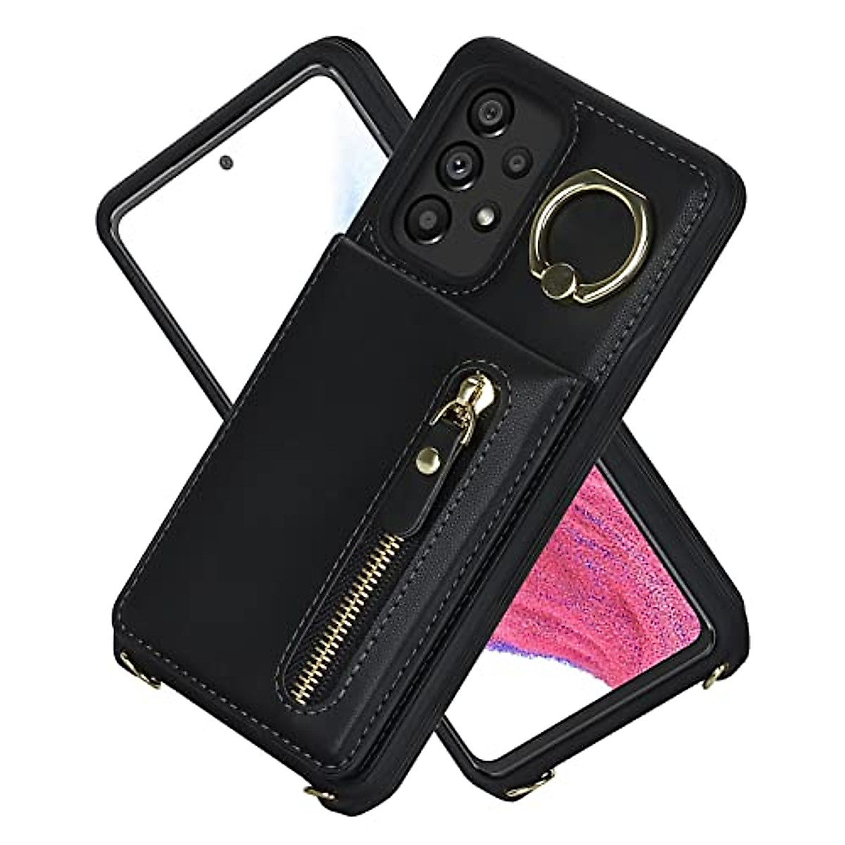 Jaorty Samsung Galaxy A53 5G Phone Case for Women with Card Holder,Samsung A53 Case Wallet Crossbody Lanyard with Strap,Credit Card Slots Kickstand Case with Ring Holder,6.5 Inch,Black
