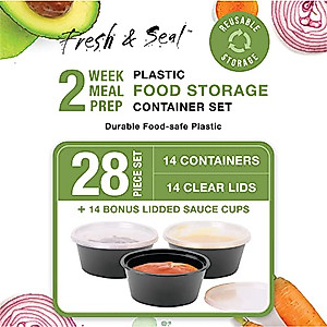 Plastic Meal Prep Container Set (28 Pieces) - 32 oz Food Storage Containers (14PCS) & 2 oz Sauce Cups with Lids (14PCS) - Microwavable & Freezable Reusable Lunch Boxes - BPA-Free Dishwasher Safe