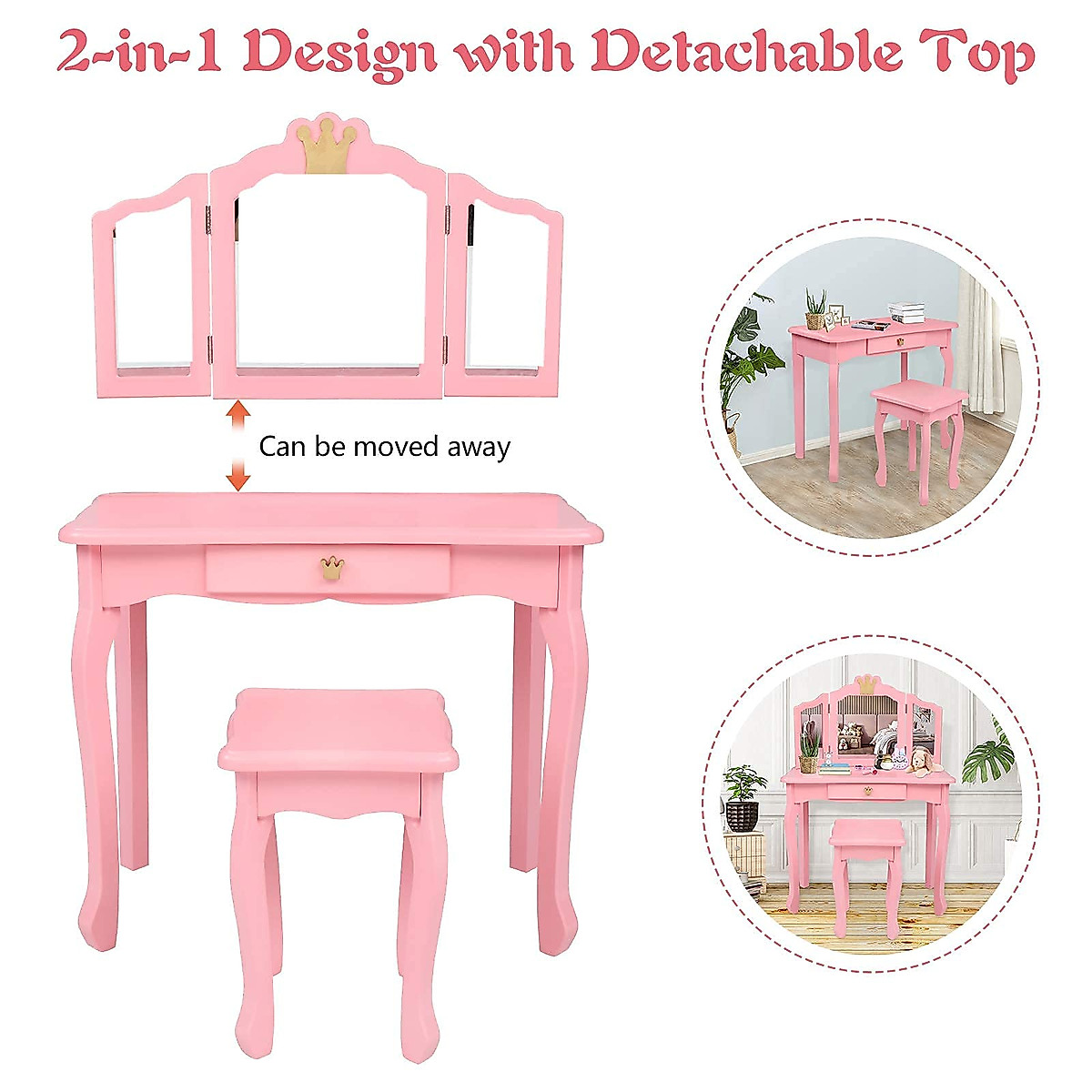 VALUE BOX Kids Vanity Table and Chair Set, 2 in 1 Princess Makeup Dressing Table with Drawer & Tri-Folding Mirror, Child Pretend Beauty Play Vanity Set for Girls