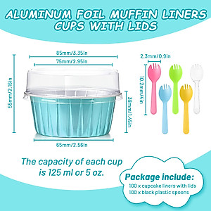 Suclain 5 OZ Aluminum Foil Baking Cups with Lids and Spoons Include Muffin Liners Cups Reusable Foil Cupcake Ramekins, Colorful Plastic Sporks for Birthday Wedding Party (Mixed Color,200 Pieces)