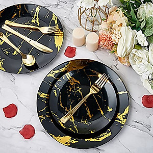 JOLLY PARTY 180PCS Disposable Dinnerware Set 30 Guest, 60 Black and Gold Plastic Plates, 30 Plastic Silverware, 30 Plastic Cups, Marble Design Disposable Plastic Dinnerware for Wedding and Parties