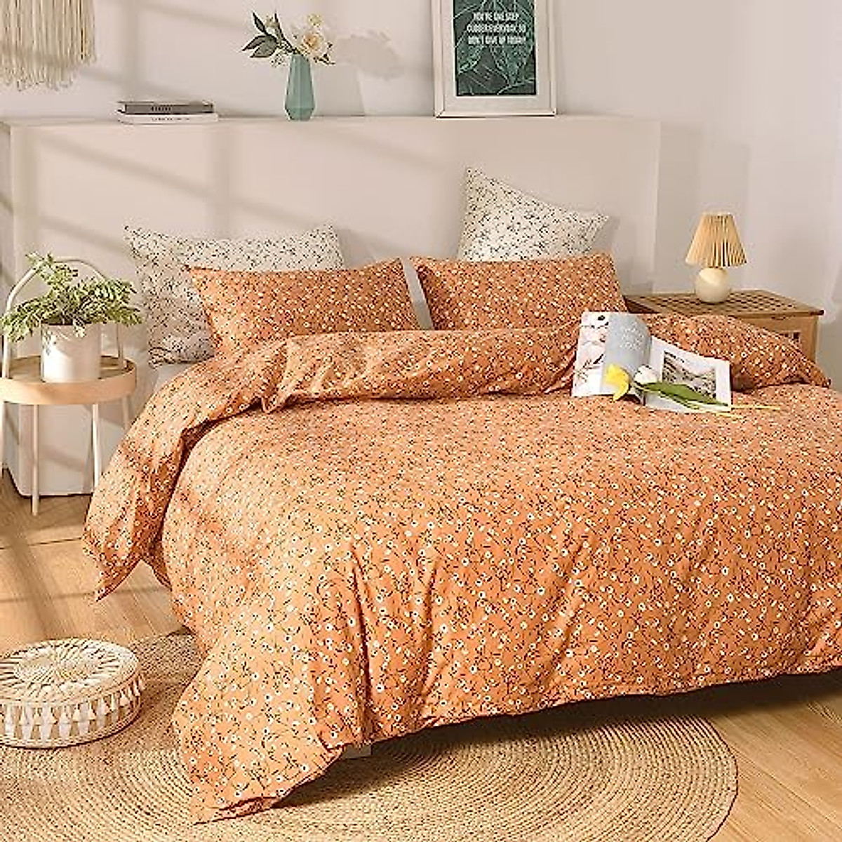 Lekesky Cotton Duvet Cover Queen Size - 100% Washed Cotton Orange Pattern Floral Duvet Cover for All Season, Soft and Breathable Bedding Set with Zipper Closure & Corner Ties