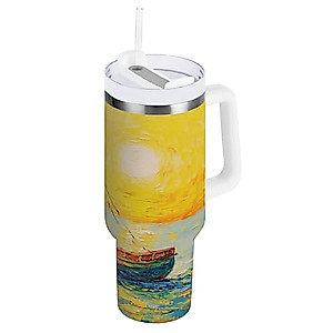 RPLIFE Boat Sunset Oil Painting Style 40oz Tumbler with Handle, Stainless Steel Tumbler with Straw, Tumbler for Men