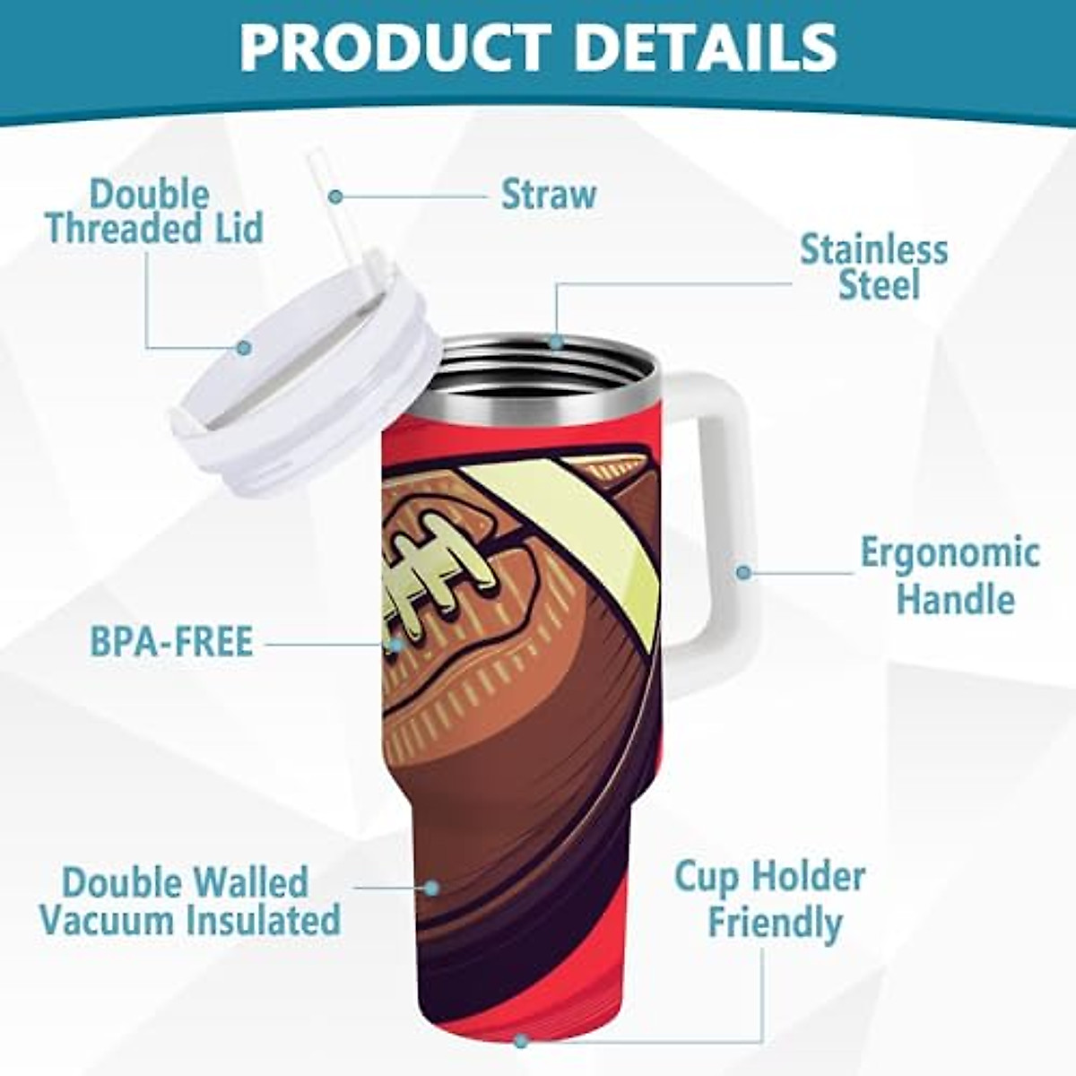 ODAWA 40oz Double Wall Insulated Tumbler, American Football Red Steel Insulated Tumbler with Lid and Straw