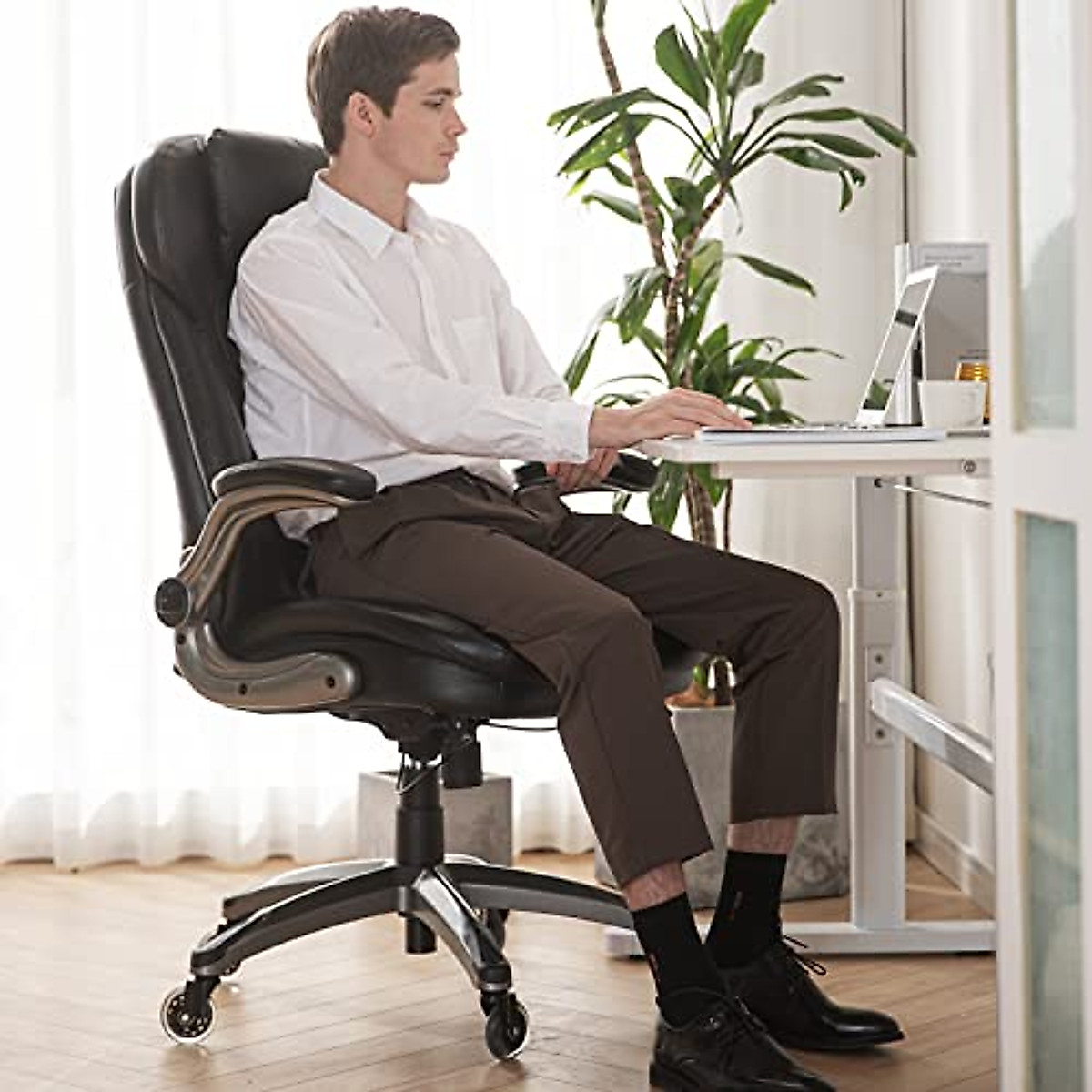 COLAMY Office Chair-Ergonomic High Back Computer Chair with Padded Flip-up Arms, Executive Leather Desk Chair Adjustable Height, Upgraded Casters for Swivel Rolling Home Office Chair-Black, 300lbs