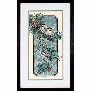 Dimensions 'Chickadees on Branch' Stamped Cross Stitch Kit, 8'' W x 16'' H, Green
