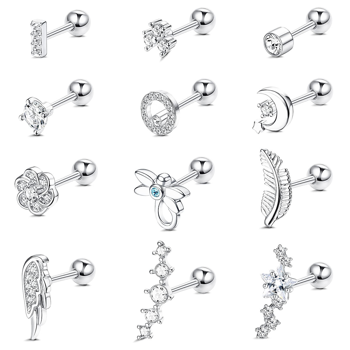 FASACCO 12PCS 18G Stainless Steel Barbell Helix Cartilage Stud Earrings CZ Leaf Dragonfly Flower Wing Moon Star Forward Helix Tragus Daith Conch Piercing Jewelry for Women Men Silver Tone