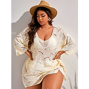 MakeMeChic Women's Plus Size Swimsuit Crochet Cover Up Bathing Suit Beach Dress Beige 0XL