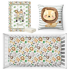 UOOPOO-US Personalized Baby Boy Fitted Crib Sheet Set, Jungle Animals Crib Bedding Set with Name, Baby Boy Bedding Crib Bedding Set, Customized Wild Animals Nursery Crib Sheet Bedding Set