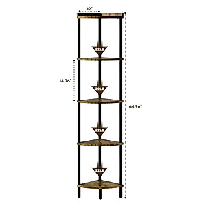 XIV 5 Tier Corner Shelf Stand, Industrial 65" Corner Shelves Display Shelf, Wood Tall Shelf Plant Stand, Storage Shelf for for Bathroom, Living Room, Kitchen, Office
