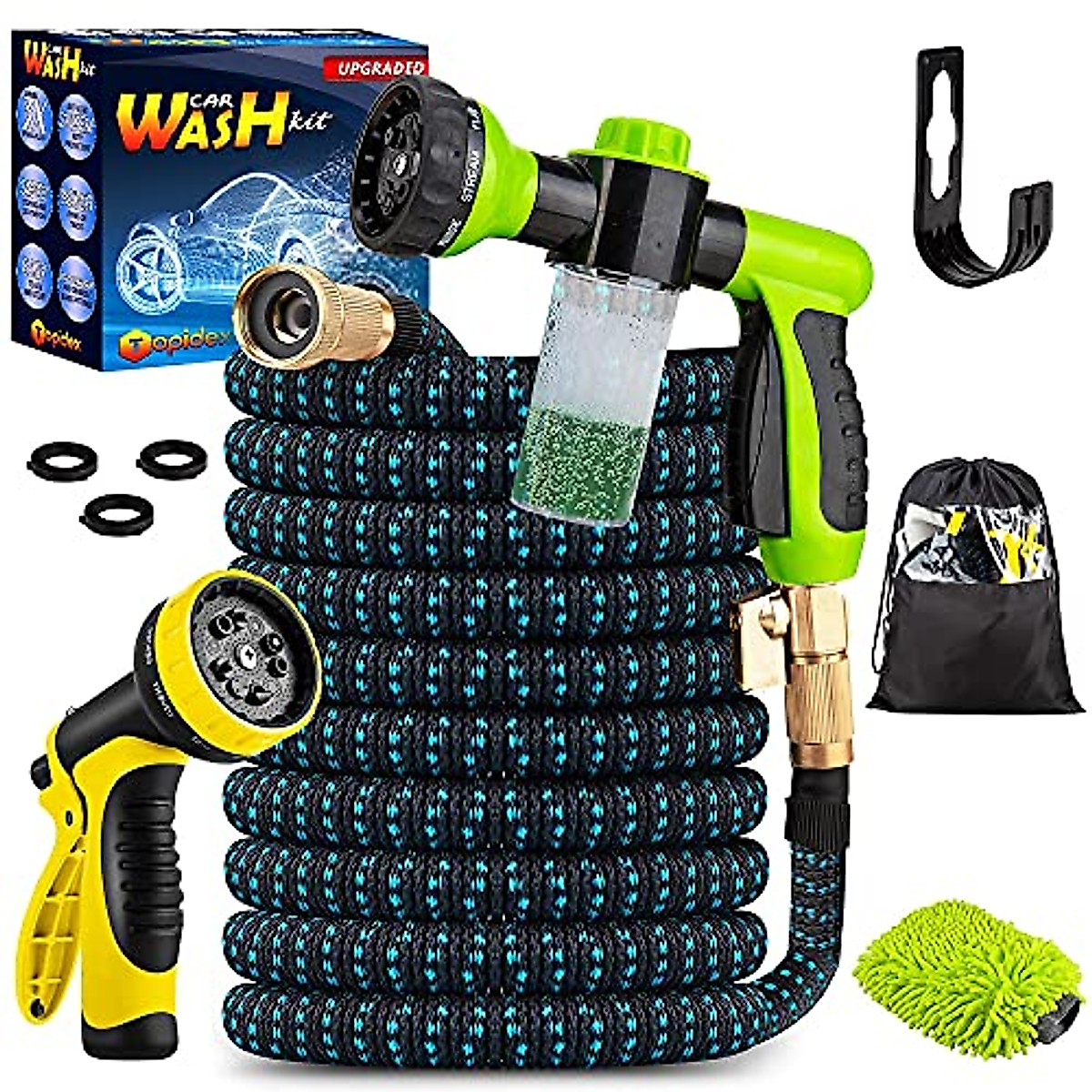 Topidex Car Wash Kit, Expandable Garden Hose 50 FT - with High Pressure Spray Nozzle – Durable Soap Dispensing Sprayer Gun - 9 Spray + 3 Foam Spraying Patterns with Storage Bag, Hanger & Wash Mitt
