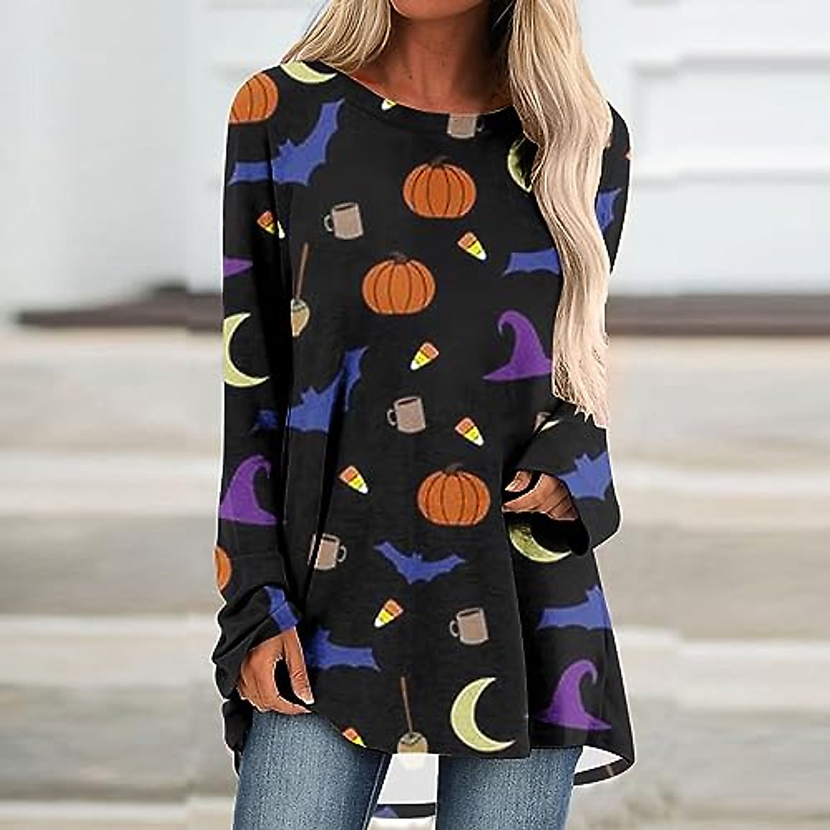 Halloween Shirts for Women 2023 Funny Pumpkin Ghost Graphic Tops Oversized Loose Long Sleeve Tunic Pullover