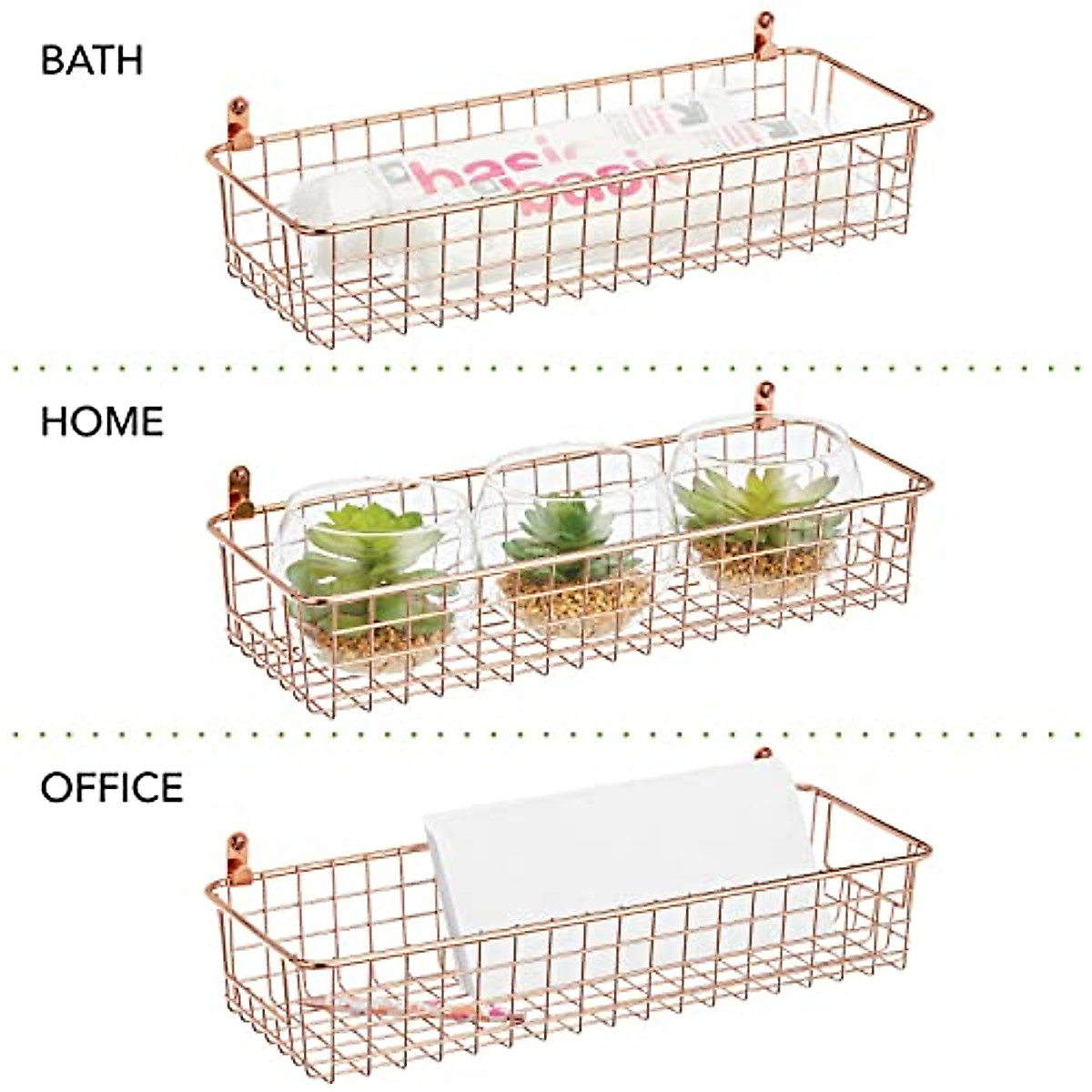 mDesign Wallmount Metal Storage Basket Tray with Handles - Decorative Organizer for Hanging in Entryway, Mudroom, Bedroom, Bathroom, Laundry Room - Small - Hooks Included - 2 Pack - Rose Gold