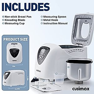 CUSIMAX Bread Machine, 2 LB Loaf Breadmaker, 15-in-1 Bread Maker Machine for Gluten Free Bread, 650 W Automatic Bread Making Machine with Nonstick Pan, 15H Delay Timer Settings, 1H Keep Warm, White