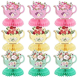 Jexine 9 Pcs Tea Party Centerpieces for Tables Princess Party Floral Teapot Honeycomb Decorations Tea Party Table Decor Teapot Decors for Summer Birthday Baby Shower Wedding Supplies (Classic Style)