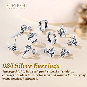 Suplight 925 Sterling Silver Rock Hand Earrings Vintage Punk Rock Earrings for Men Women