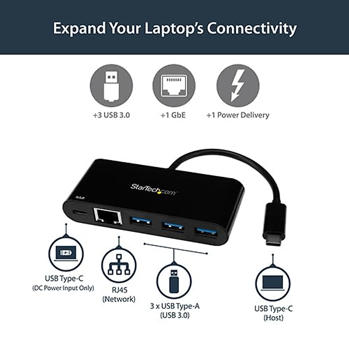 StarTech.com USB C to Ethernet Adapter - 3 Port - with Power Delivery (USB PD) - Power Pass Through Charging - USB C Adapter (US1GC303APD) Black