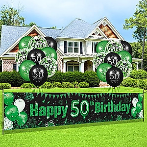 Green and Black 50th Birthday Banner and Balloons - 18pc Set for Indoor/Outdoor Decor