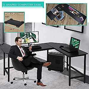 Computer Desk Modern L Shaped Desk, L Corner Desk Gaming Desk PC Laptop Study Wood Table Workstation,Home Office Save Space Study Writing Table with CPU Stand and 15mm MDF,66 Inch,Wood & Metal (Black)