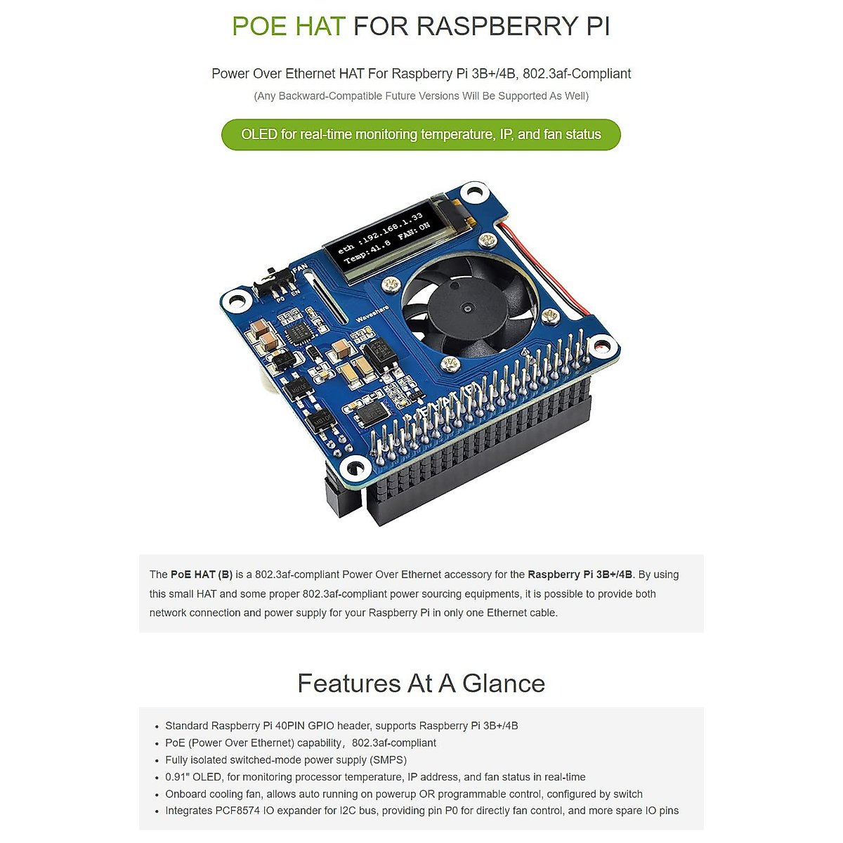Waveshare PoE HAT (B) Power Over Ethernet HAT Supports Raspberry Pi 3B+ and 4B, 802.3af PoE Network