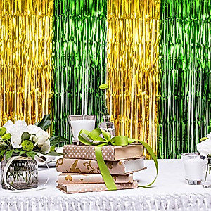 LOLStar 2 Pack Green and Gold Graduation Party Decoration 2023, 3.2x6.6 ft Foil Fringe Curtains, Tinsel Backdrop, Graduation Photo Booth Prop Streamer Backdrop for High School College University Party