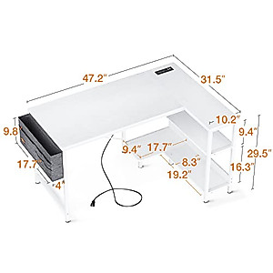 ODK 48 Inch Small L Shaped Gaming White Computer Desk with Power Outlets, Corner Desk with Reversible Storage Shelves & PC Stand for Small Space Home Office, Modern Simple Writing Table, White