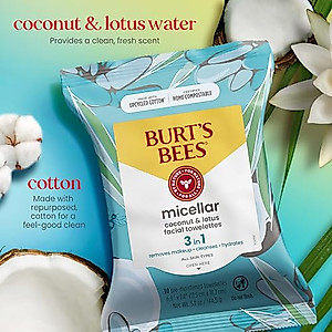Burt's Bees Micellar Facial Towelettes With Coconut and Lotus, Pre-Moistened Towelettes for All Skin Types, 99.5 Percent Natural Origin Skin Care, 30 ct. Package