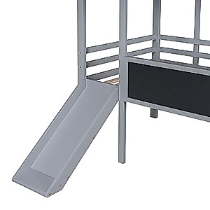 Bellemave Twin Size Low Loft Bed with Slide and Ladder, Wood Playhouse Twin Bed with Blackboard and Light Strip on The Roof, Twin House Bed for Kids, Boys, Girls, No Box Spring Needed, Gray